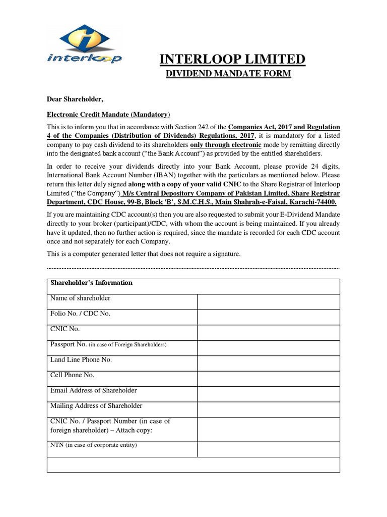 Dividend Mandate Form Interloop | PDF | Dividend | Banks