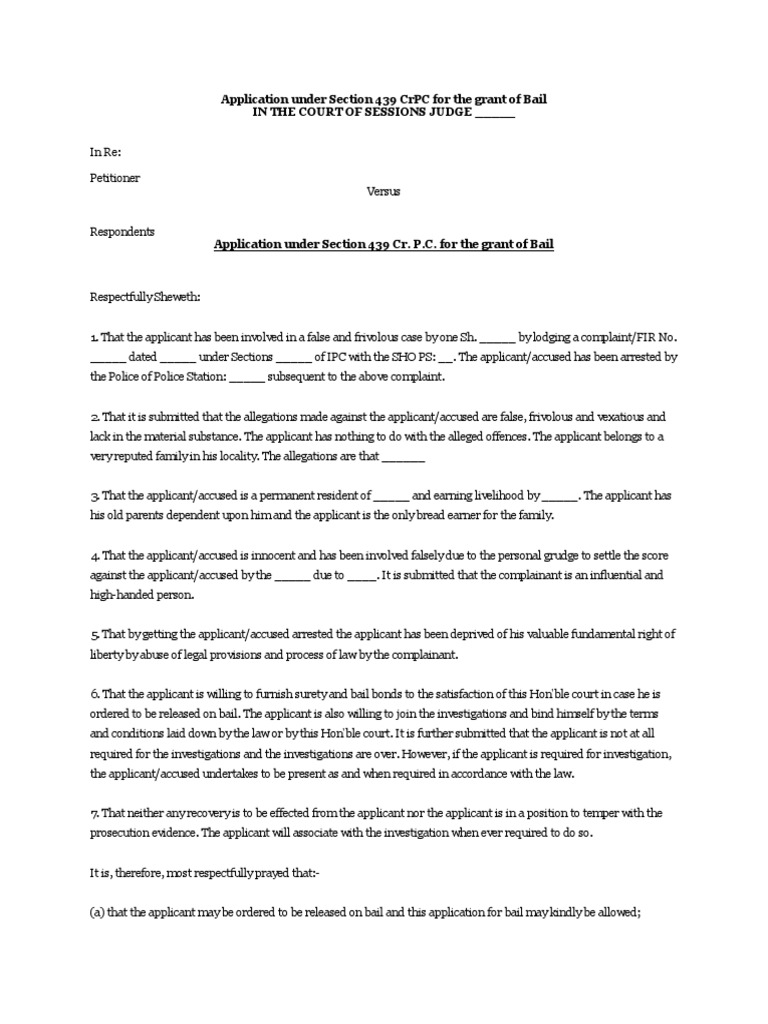 Bail Application Format under Section 439 | PDF | Bail | Judiciaries