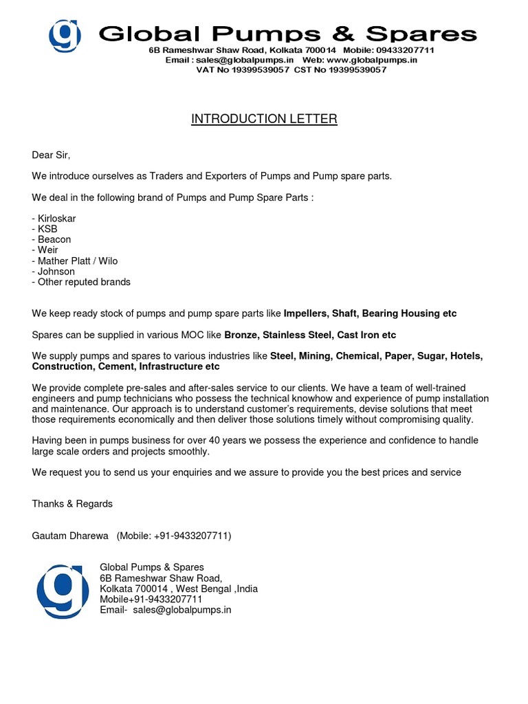 Global Pumps Introduction Letter | PDF | Pump | Brand