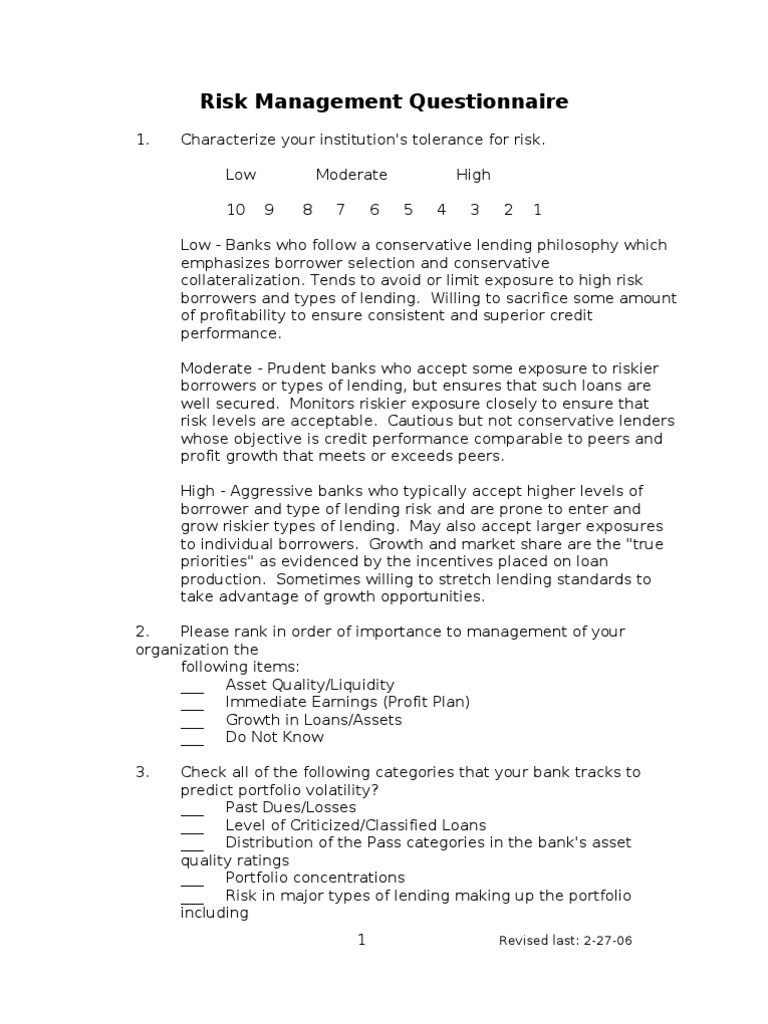 08 Risk Management Questionnaire | Loans | Credit