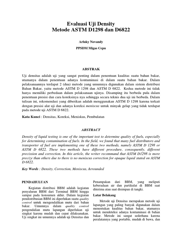 Perbandingan Uji Density Metode Astm D 1298 Dan 6822 | PDF