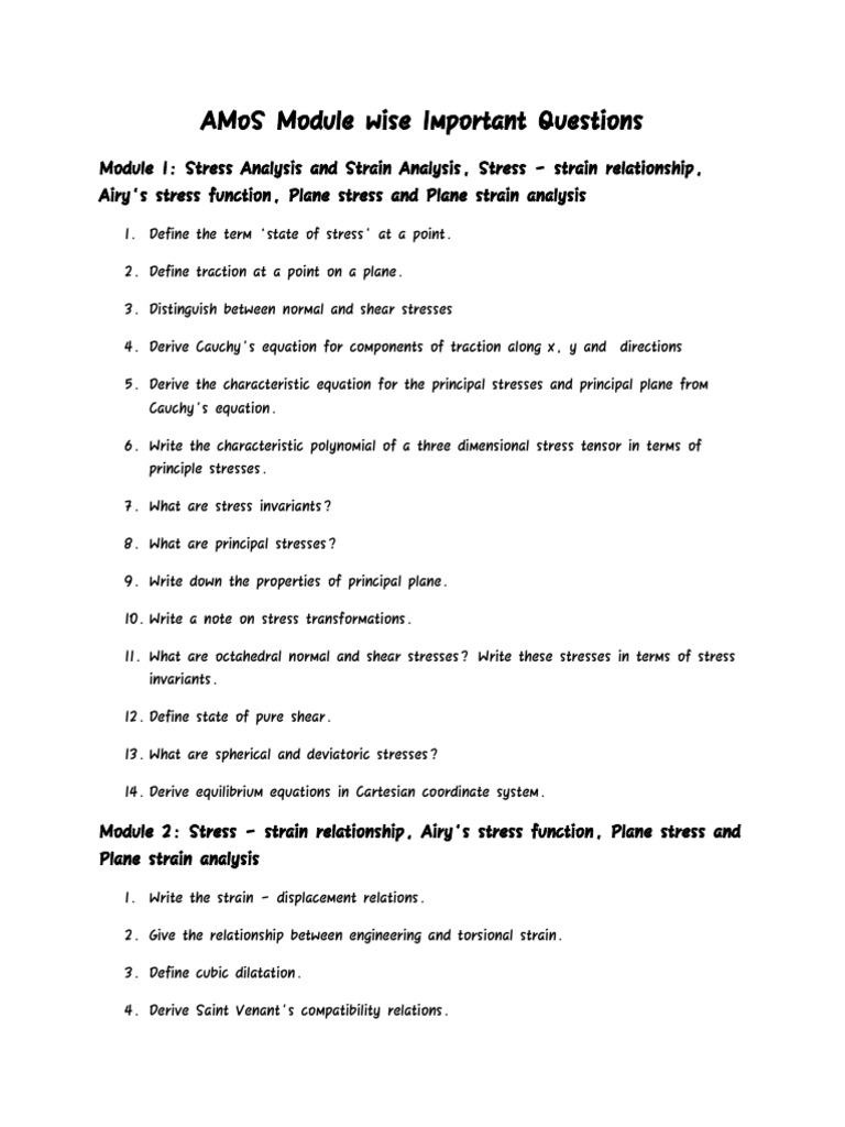 AMoS Module Wise Important Questions PDF | PDF | Stress (Mechanics) | Bending