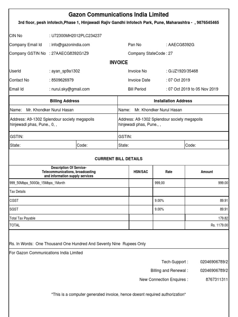 Invoice for Telecommunications Services from Gazon Communications India ...