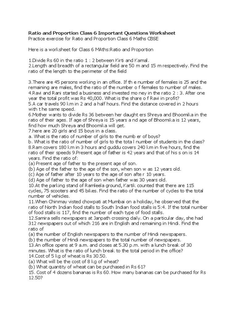Ratio and Proportion Class 6 Important Questions Worksheet | PDF | Area ...
