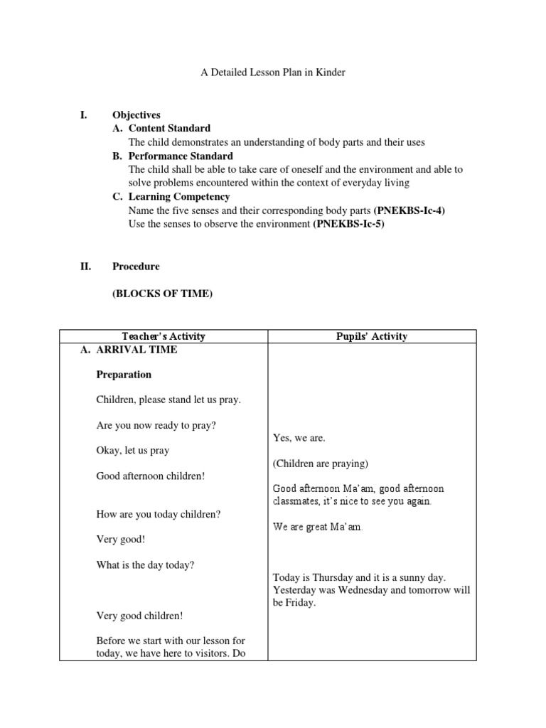 Detailed Kindergarten Lesson Plan | PDF | Lesson Plan | Education Theory
