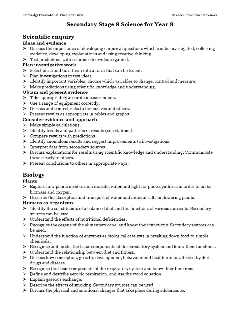 Cambridge Year 8 Science Curriculum Framework | PDF | Gases | Science