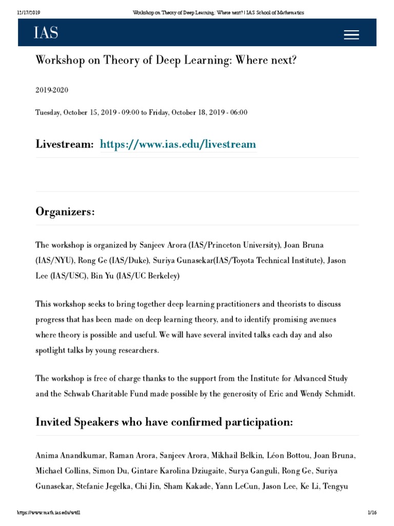 Workshop On Theory of Deep Learning - Where Next - IAS School of ...