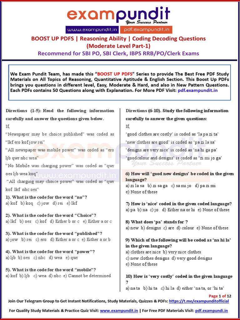 Coding Decoding Questions Moderate Level Part 1 Boost Up Pdfs | PDF ...