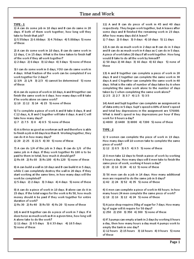 Time and Work Problem Set | PDF | Nature