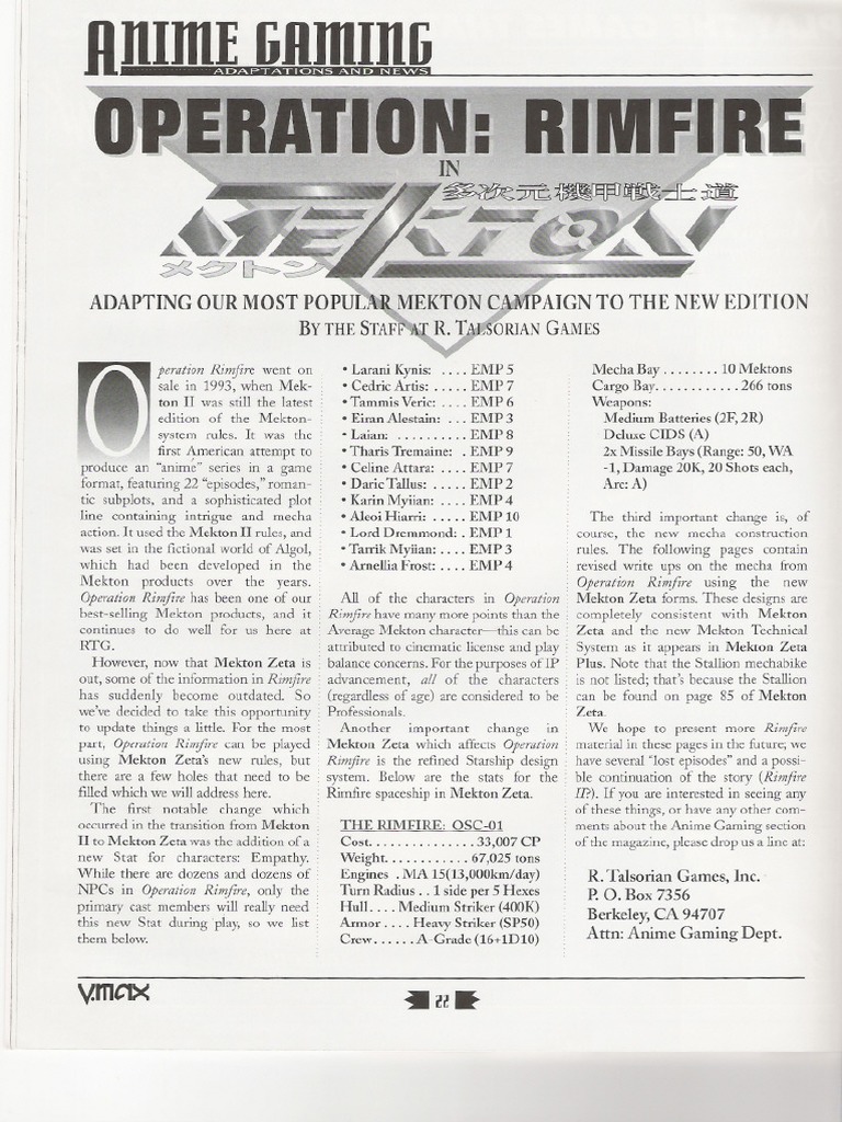 Operation - Rimfire - Mekton Zeta - Conversions | PDF