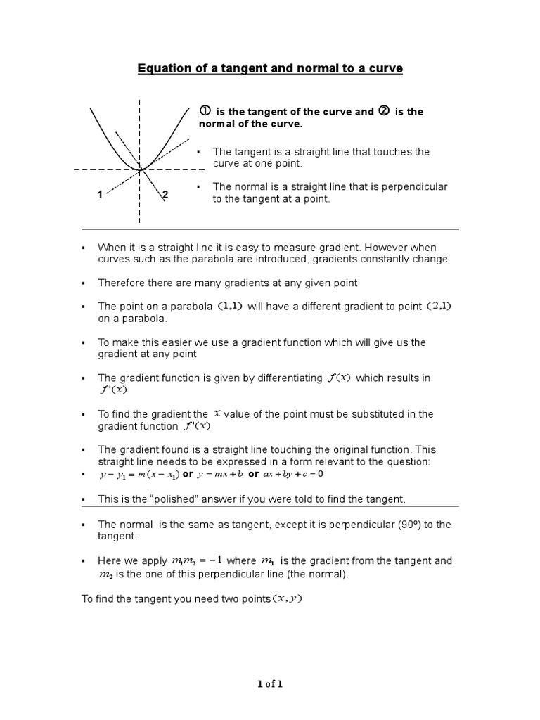 Equation of A Tangent and Normal To A Curve | PDF