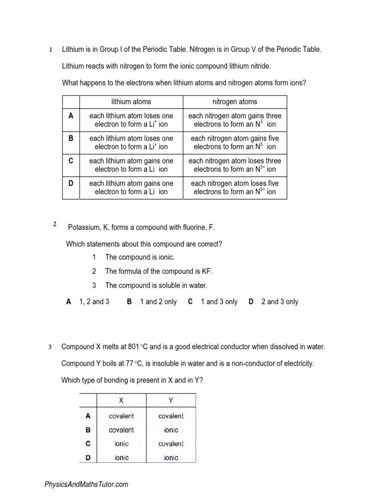 Ions & Ionic Bonds (Multiple Choice) QP | PDF | Chemical Compounds | Ion