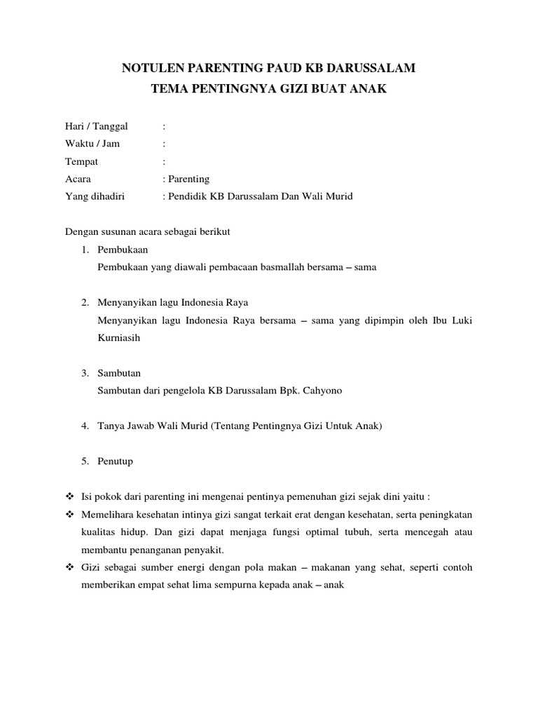 Notulen Parenting Paud KB Darussalam | PDF | Kesehatan Holistik