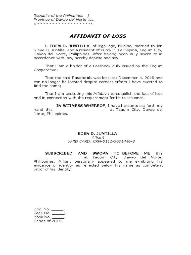 Affidavit of Loss - Passbook | PDF