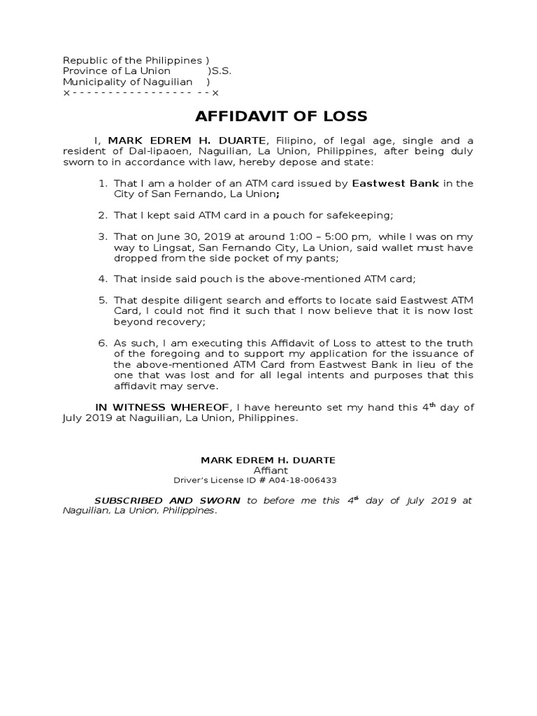 Affidavit of Loss - Atm Card - Mark Edrem Duarte