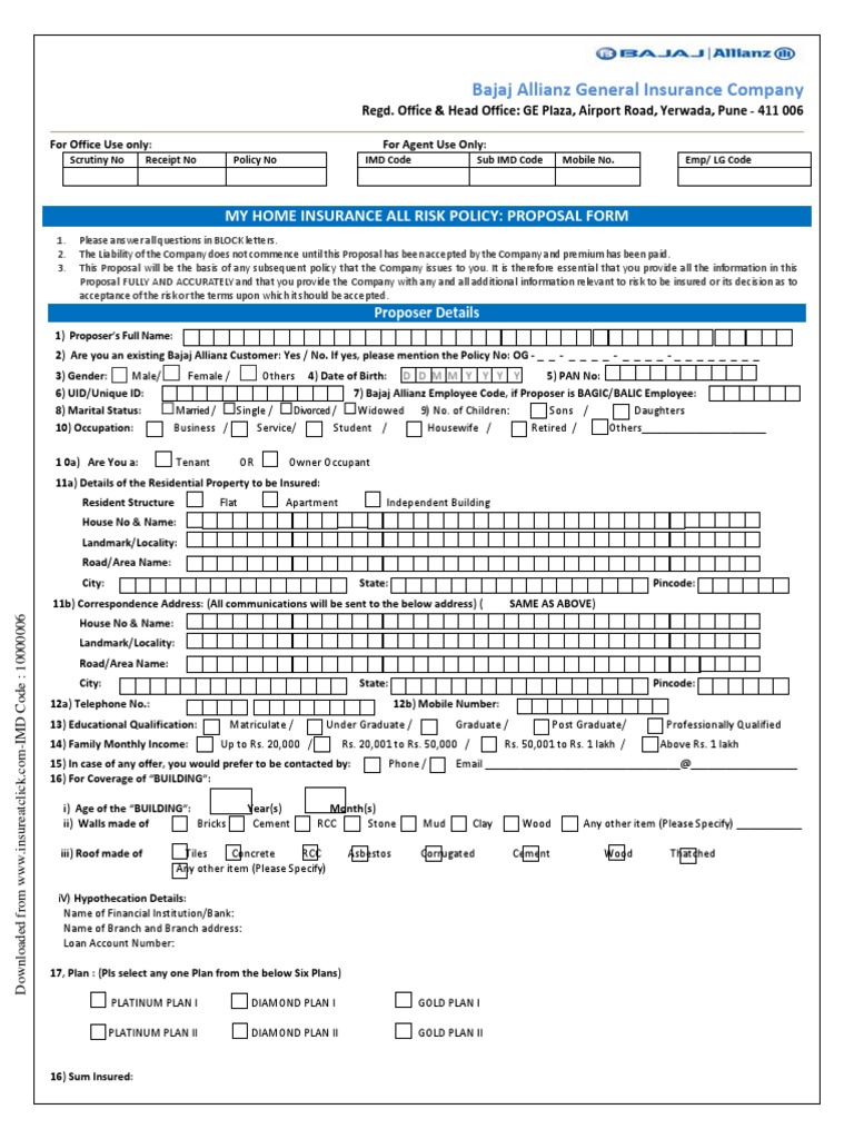 Bajaj Allianz My Home Insurance Proposal Form PDF | PDF | Insurance ...