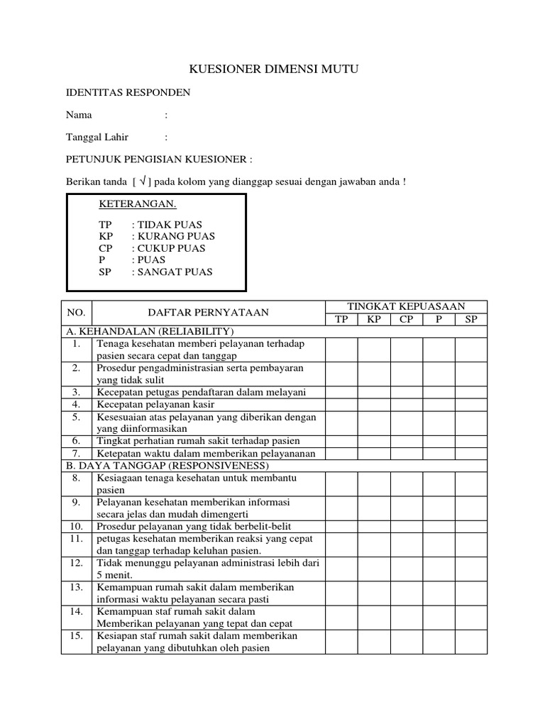 Kuesioner Dimensi Mutu - Print | PDF
