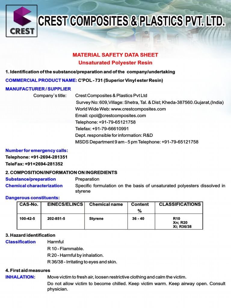 Unsaturated Polyester Resin MSDS | PDF | Personal Protective Equipment ...