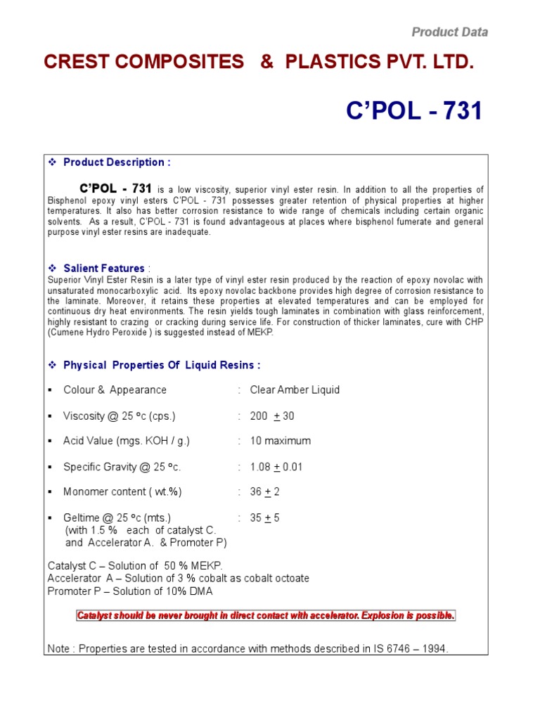 High HDT Superior Vinyl Ester Resin - Crest731 | PDF | Epoxy ...