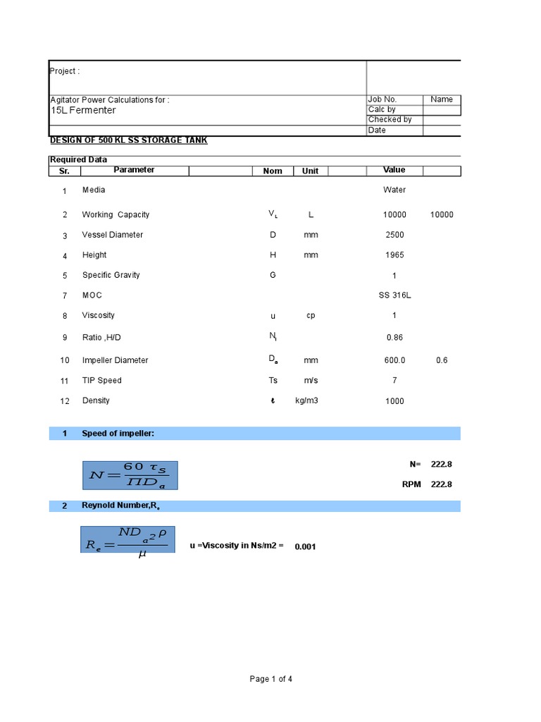 Agitator Power Calculations for a 15L Fermenter: Design of 500 KL SS ...