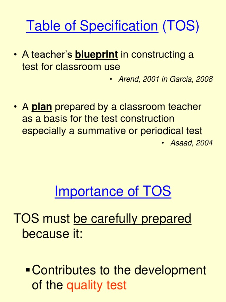 Table of Specification (TOS) Guide | PDF | Rubric (Academic) | Acceleration