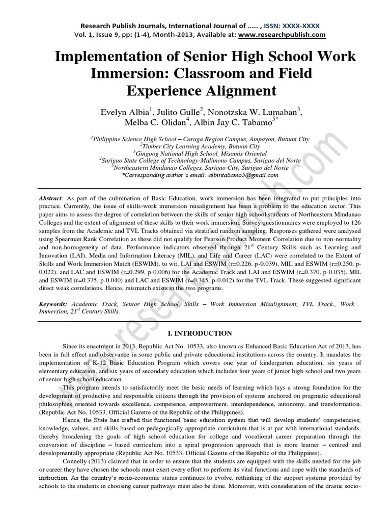 Implementation Of Senior High School Work Immersion Classroom And Field