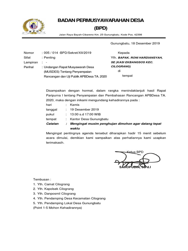 Undangan Rapat Musdes APBDesa 2020 | PDF