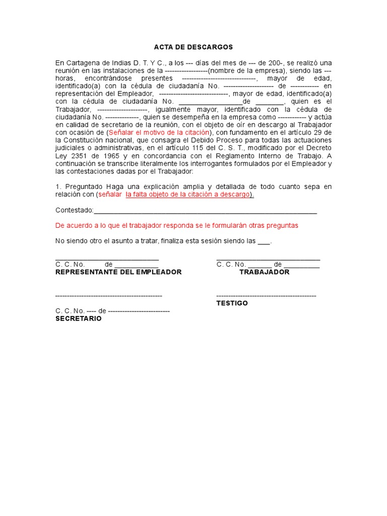 Modelo Acta de Descargos Laboral | PDF