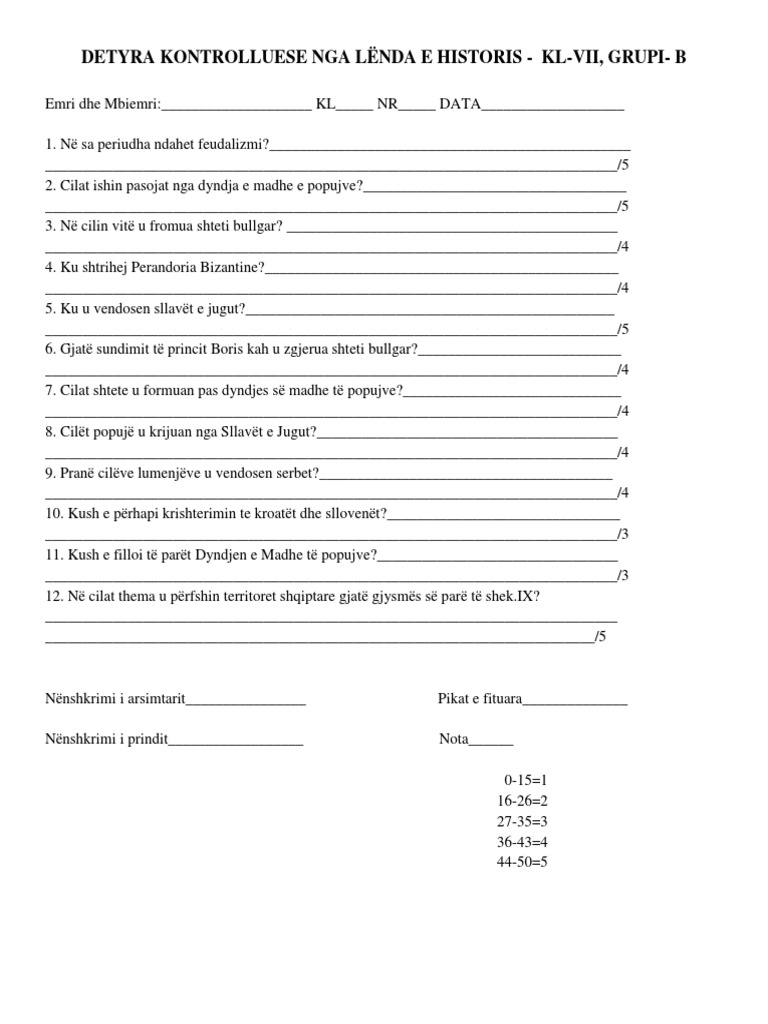 DETYRA KONTROLLUESE NGA LËNDA E HISTORIS KL VII B | PDF