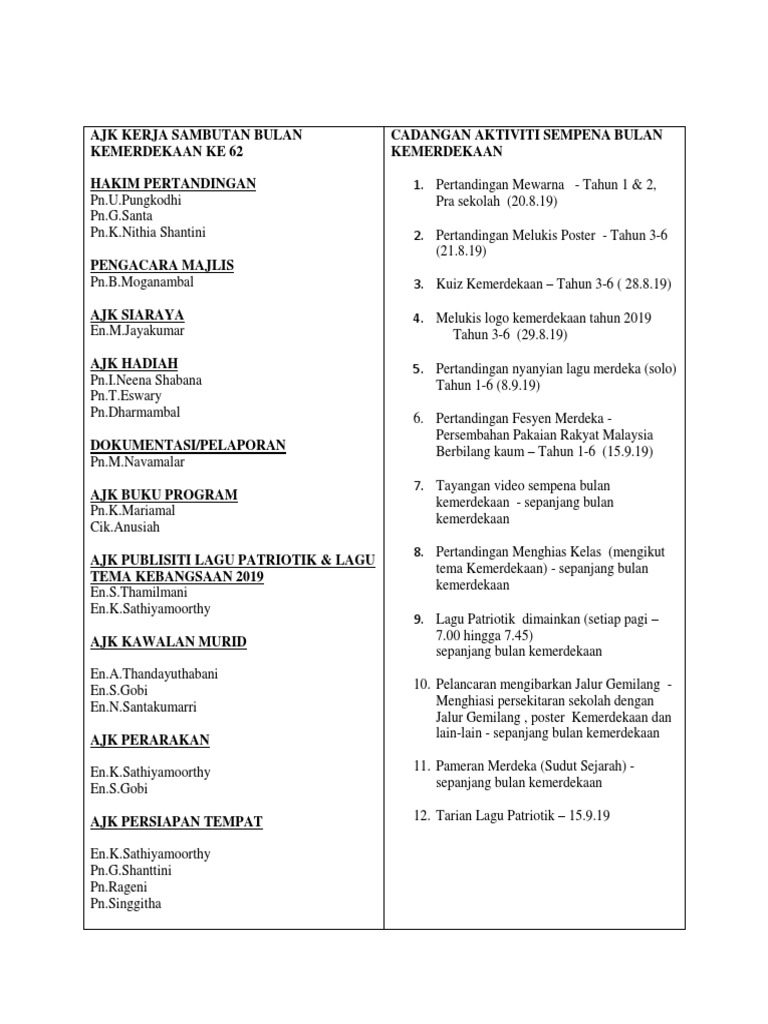 Ajk Kerja Sambutan Bulan Kemerdekaan Ke 62 | PDF