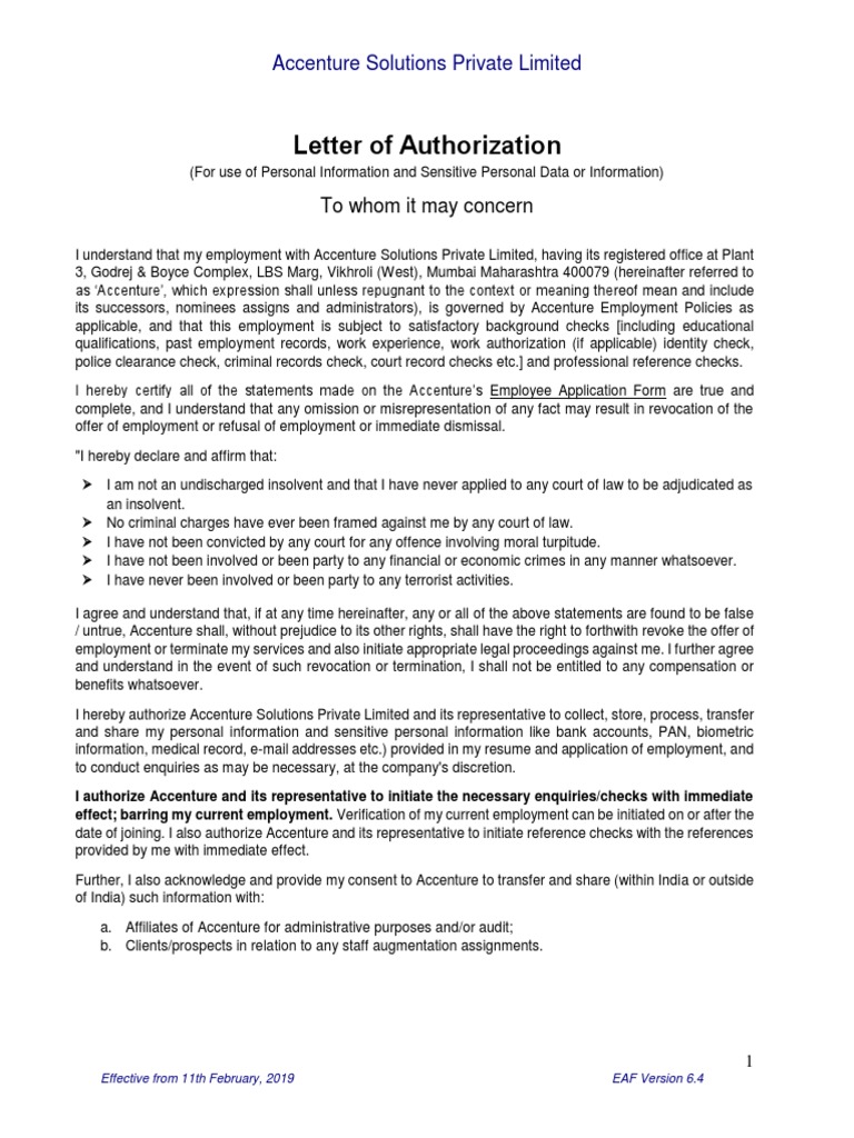 Letter of Authorization for Background Checks and Use of Personal ...