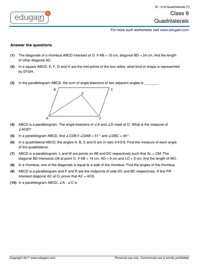 Quadrilaterals Worksheet Grade 9