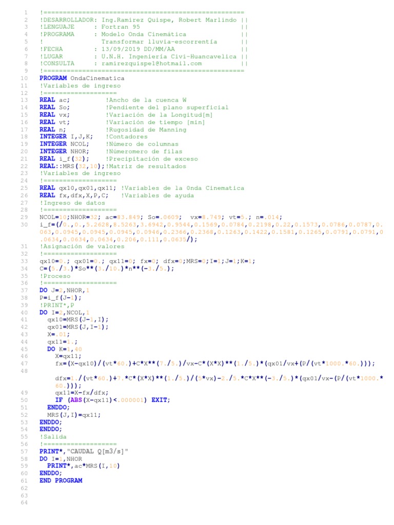 Onda Cinemática Fortran 95 PDF | PDF