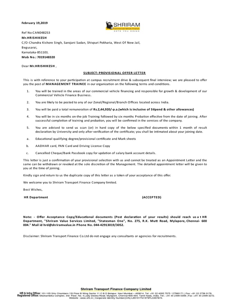 Shriram Offer Letter PDF | PDF | Business