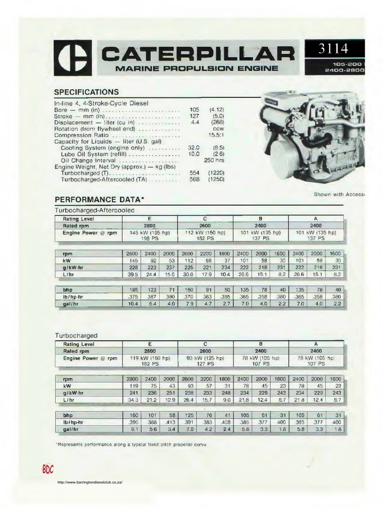 Cat 3114 Marine Spec Sheet Abby PDF | PDF | Engines | Propulsion
