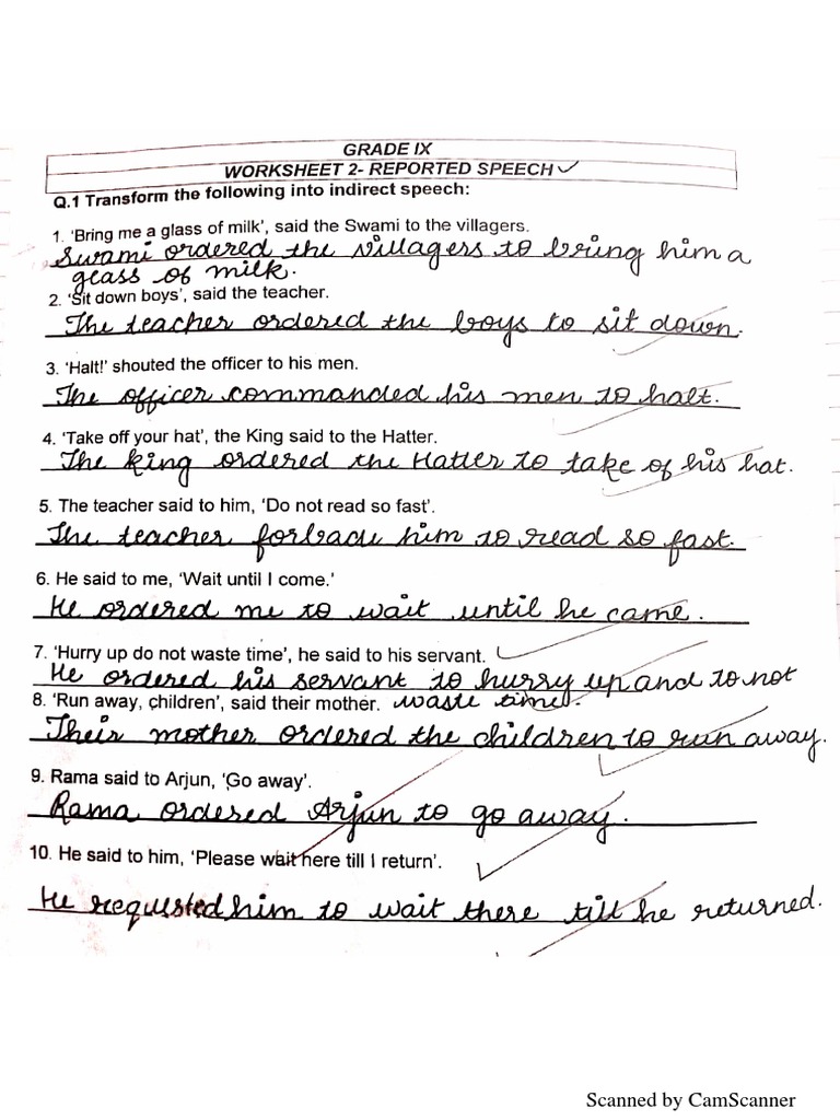 Reported Speech Solved Worksheet Grade 9 | PDF