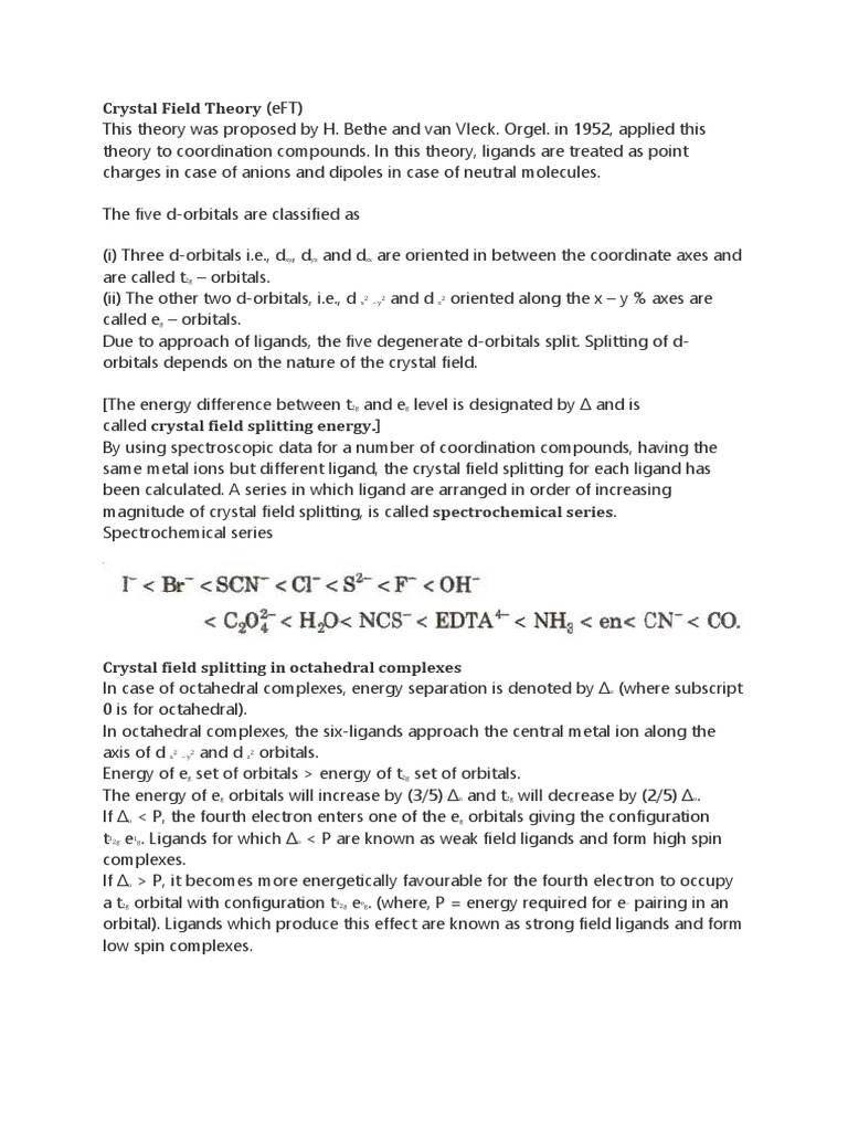 Crystal Field Theory | PDF | Coordination Complex | Ligand