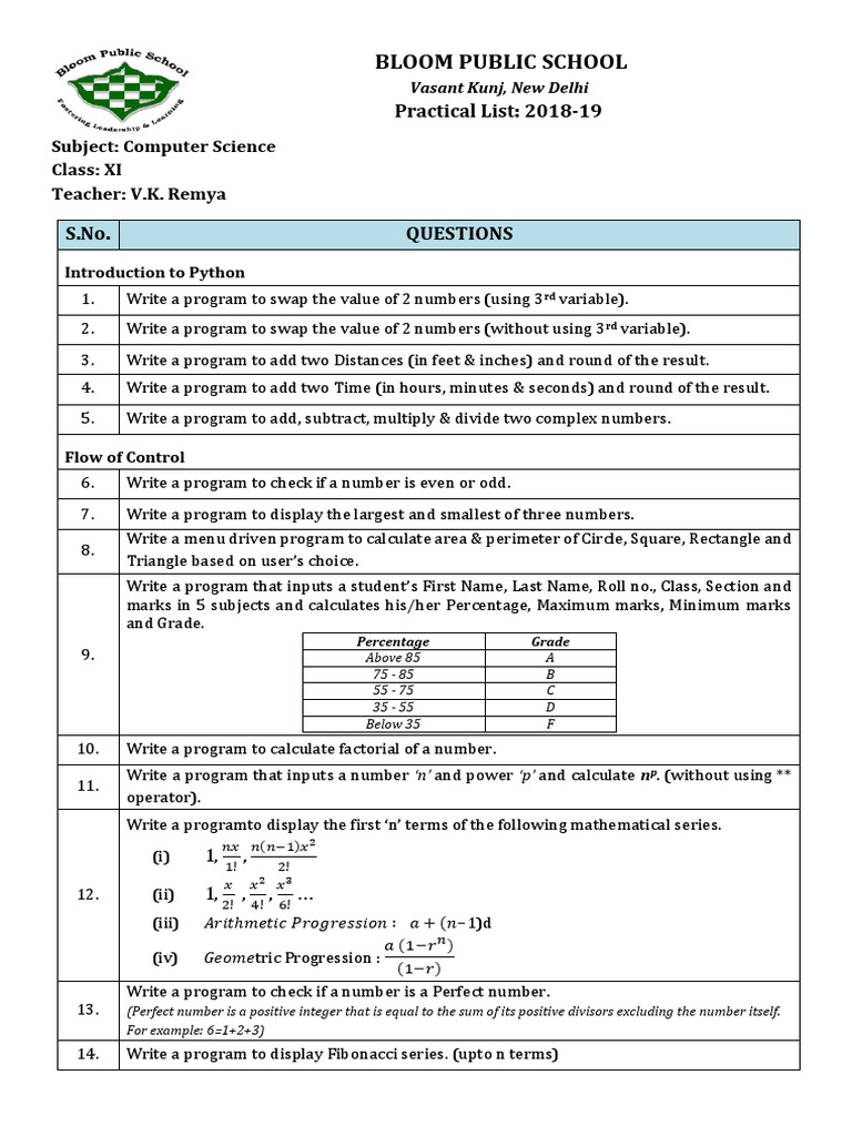 XI - Python Practical File List | PDF | Numbers | Teaching Mathematics