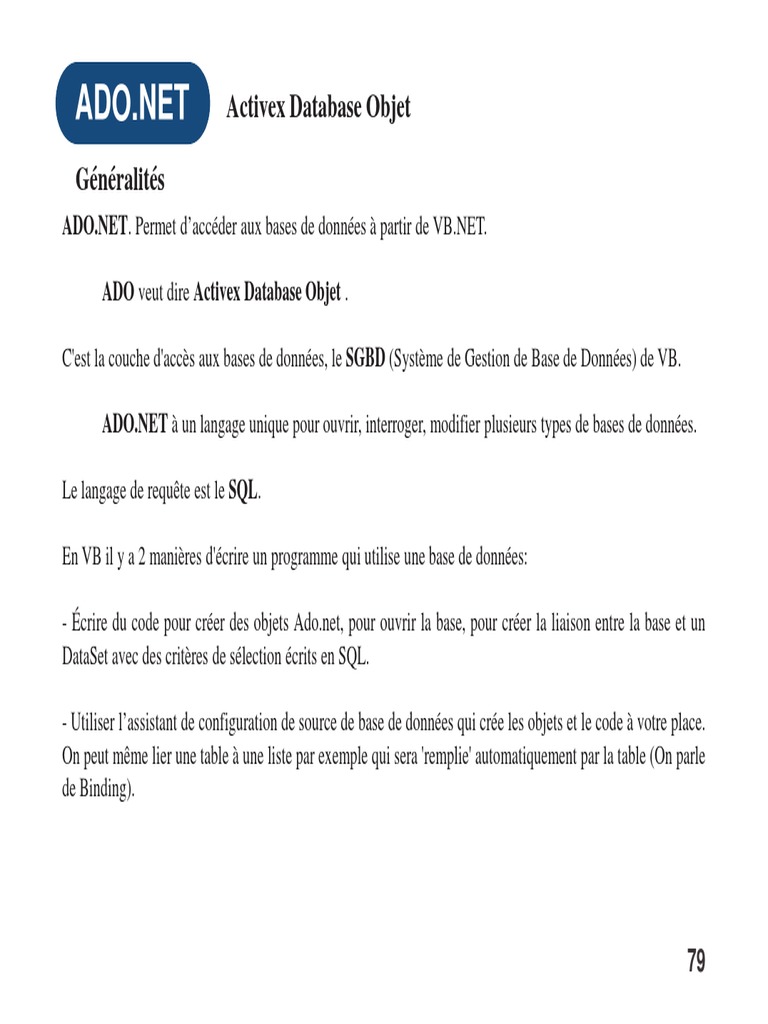 Introduction à ADO.NET en VB.NET | PDF | ActiveX Data Objects | Microsoft Access