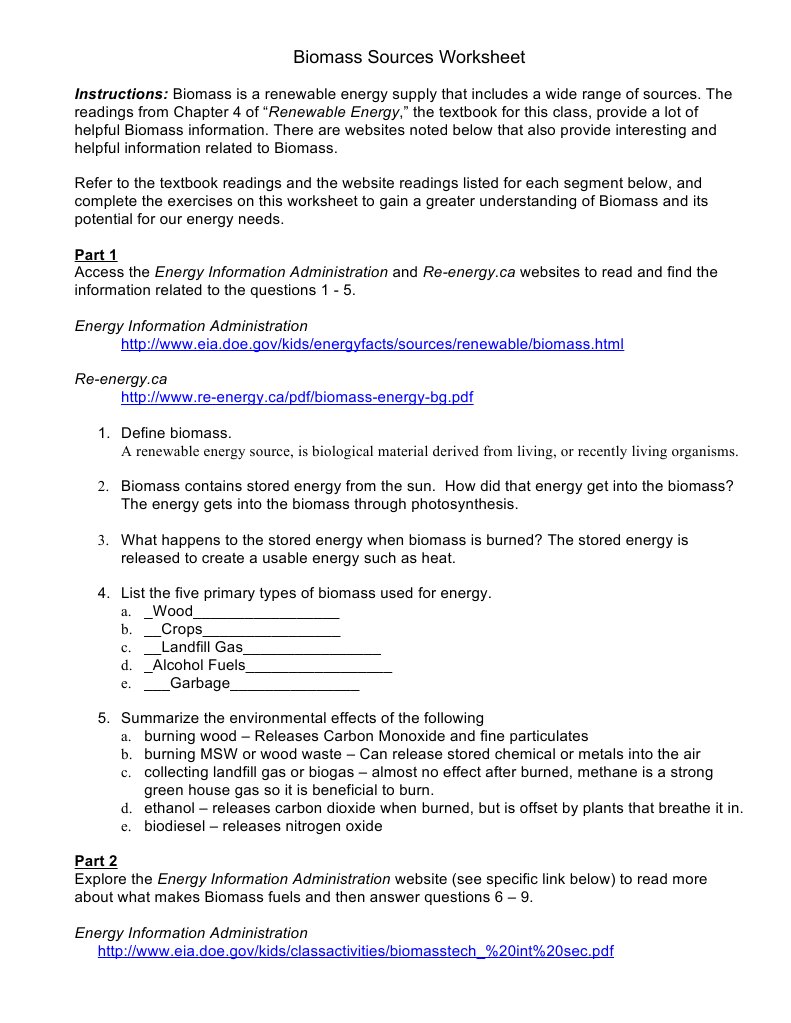 Biomass Worksheet | Biomass | Renewable Energy