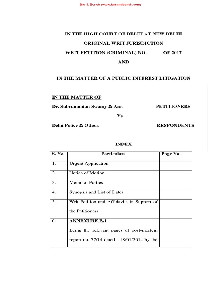 Sunanda Pushkar Final Writ-Watermark | PDF | Supreme Court Of India | Writ