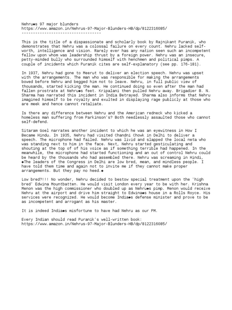 Book Nehru's 97 Major Blunders | PDF | Jawaharlal Nehru | Violence