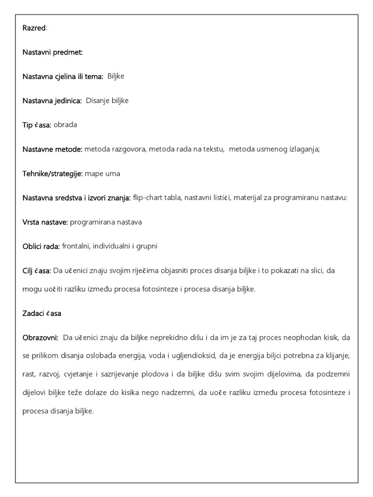Disanje Biljke Programirana Nastava | PDF