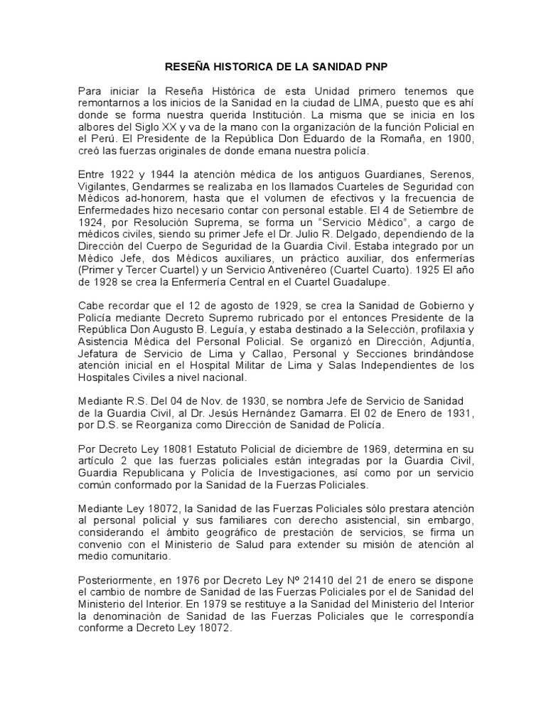 Reseña Histórica de La Sanidad PNP Peru | PDF | Seguridad nacional | Cumplimiento de la ley