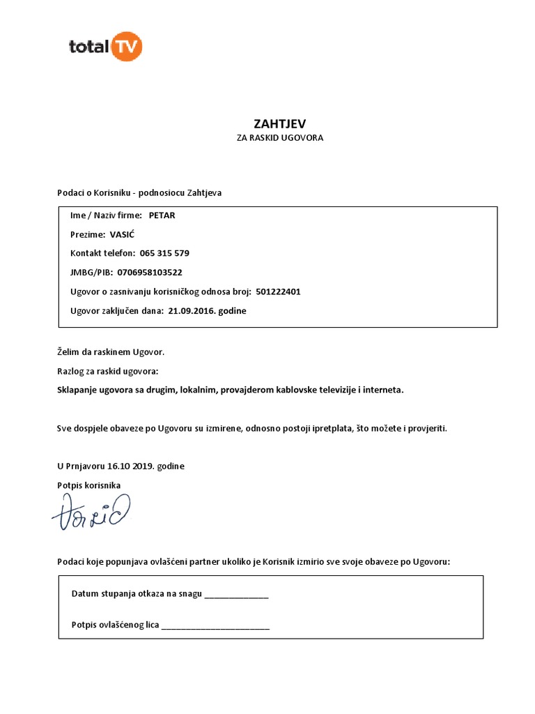 Zahtjev Za Raskid Ugovora PDF | PDF