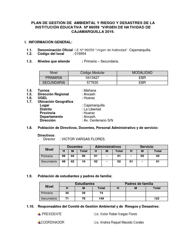 Plan de Gestión de Ambiental y Riesgo y Desastres D2019 | PDF | Contaminación | Agua