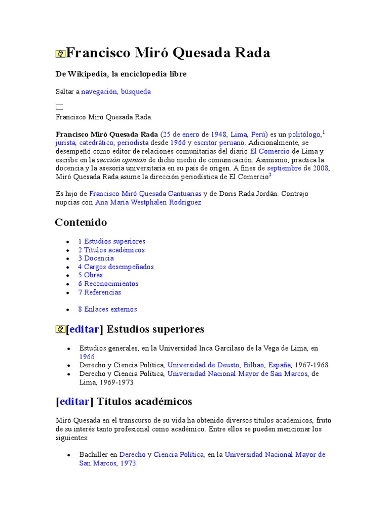 Francisco Miró Quesada: Vida y Obra | PDF | Lima | Universidad