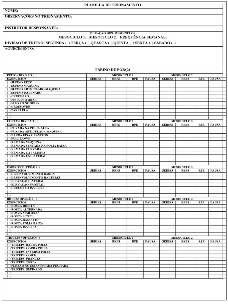 Planilha de Treino | PDF | Musculação | Exercício físico