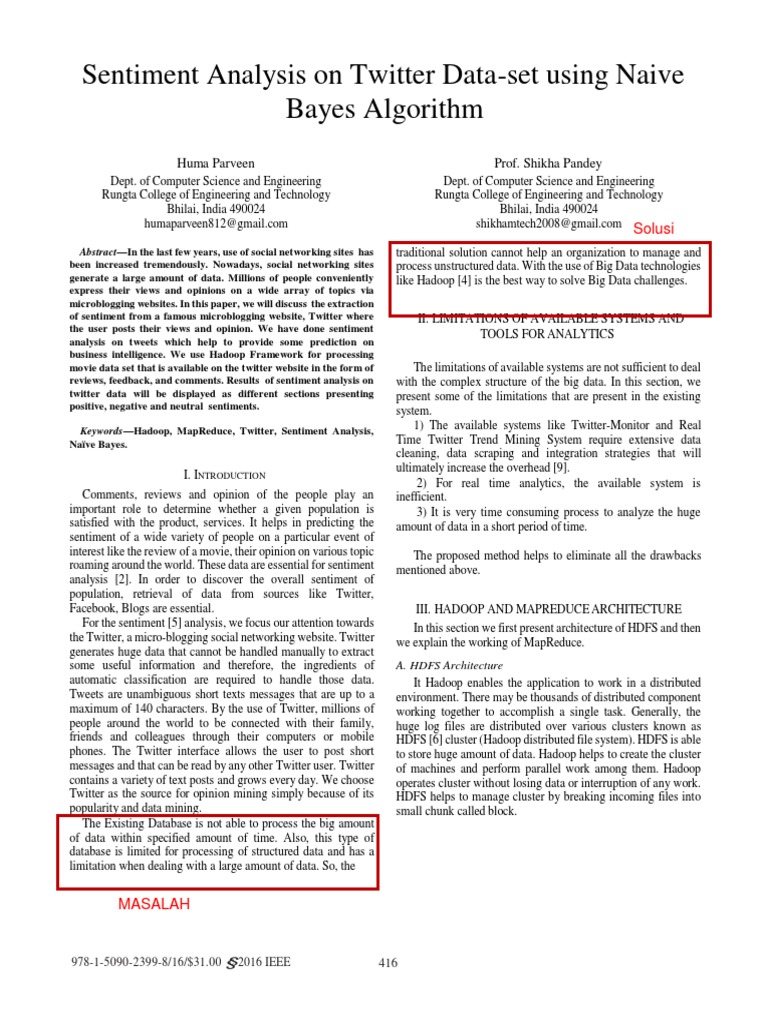 Sentiment Analysis On Twitter Data Set Using Naive Bayes Algorithm Pdf Apache Hadoop