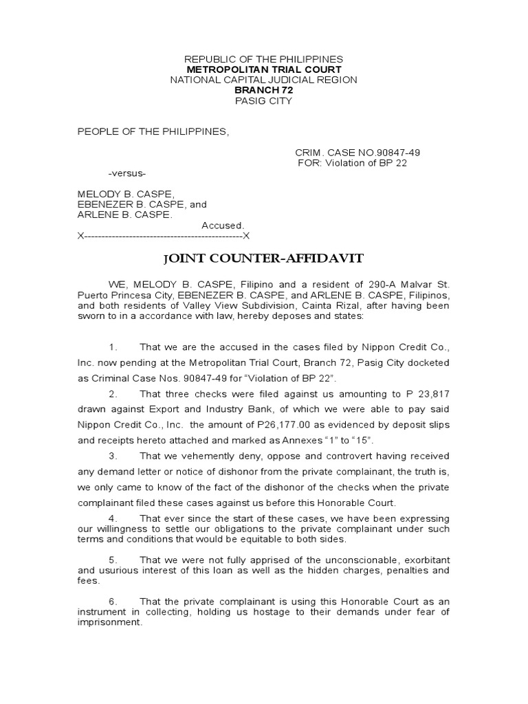joint counter-affidavit-caspe | Affidavit | Burden Of Proof (Law)